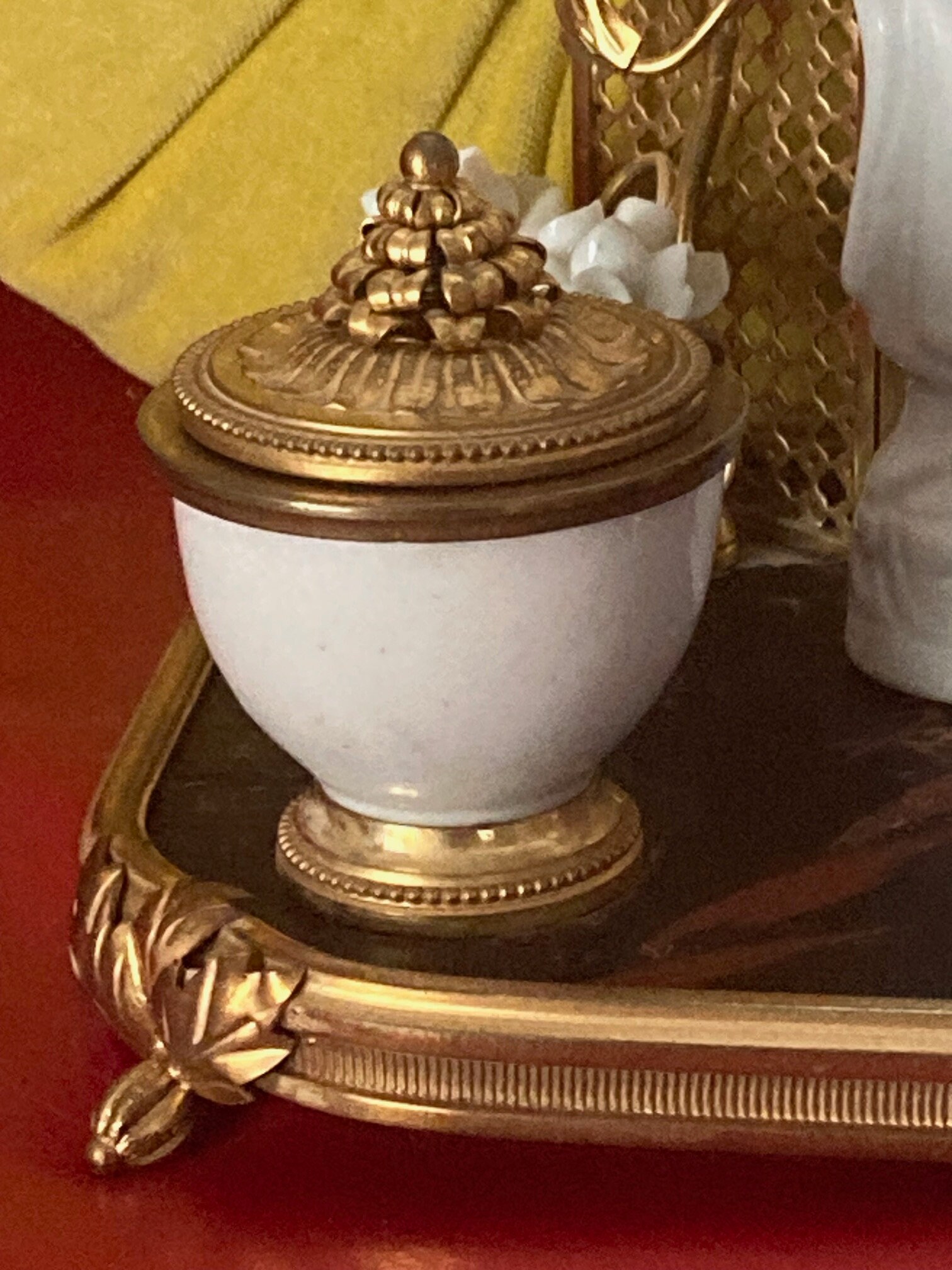 Antique Inkstand PORCELAIN BUDDHA and 2 INKWELLS Brass Details ...
