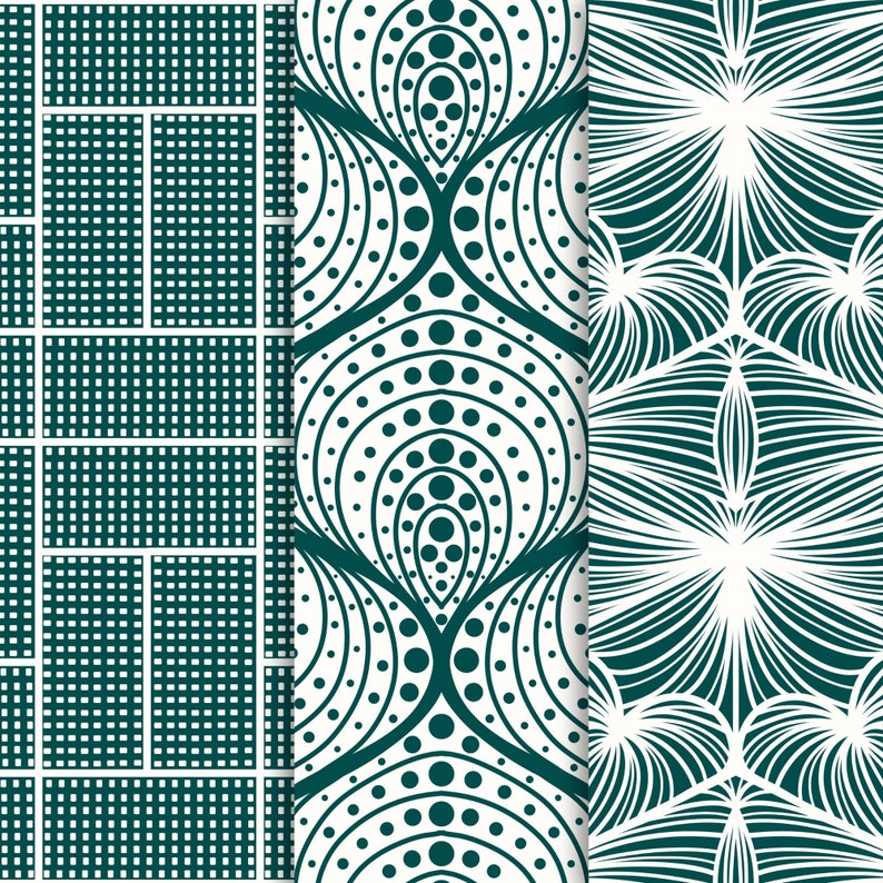 18 Hand-drawn Geometric Designs, Teal and White Seamless Digital Paper, Repeating Geo Pattern ...