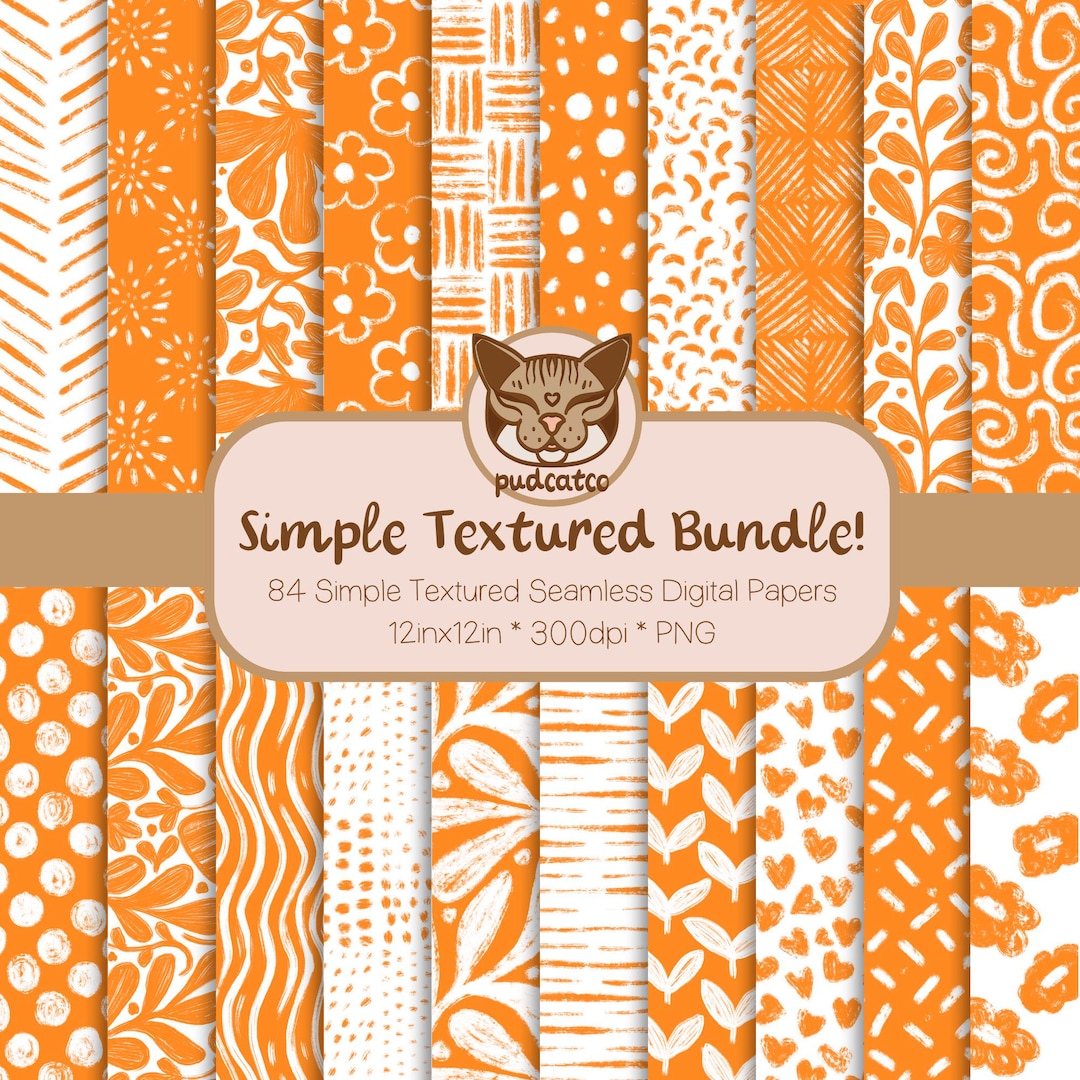 Simple Textured Digital Paper Bundle, 84 Printable Bright Orange and ...