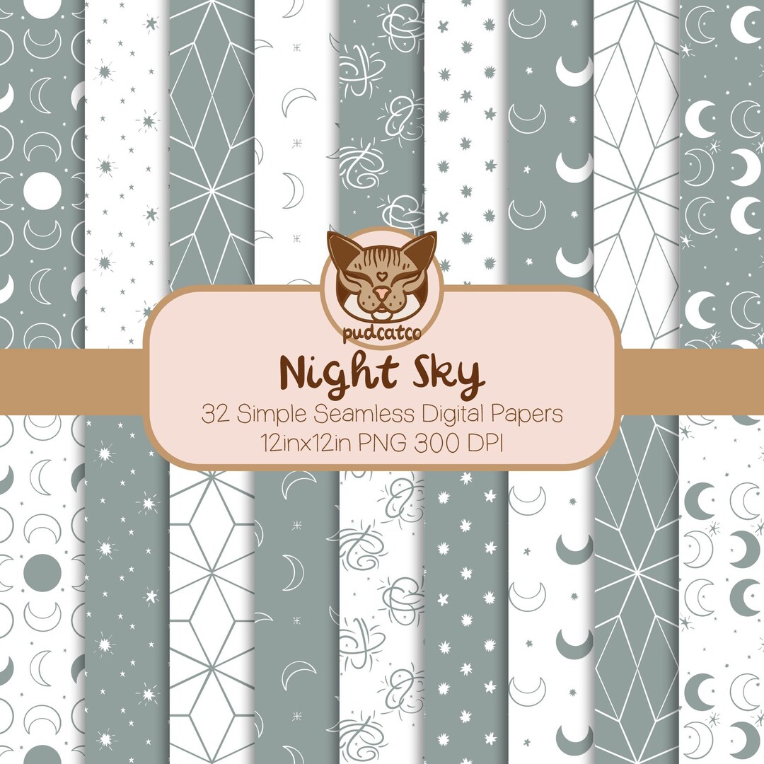 32 Grey Digital Seamless Paper, Night Sky Repeating Pattern, Moon and ...