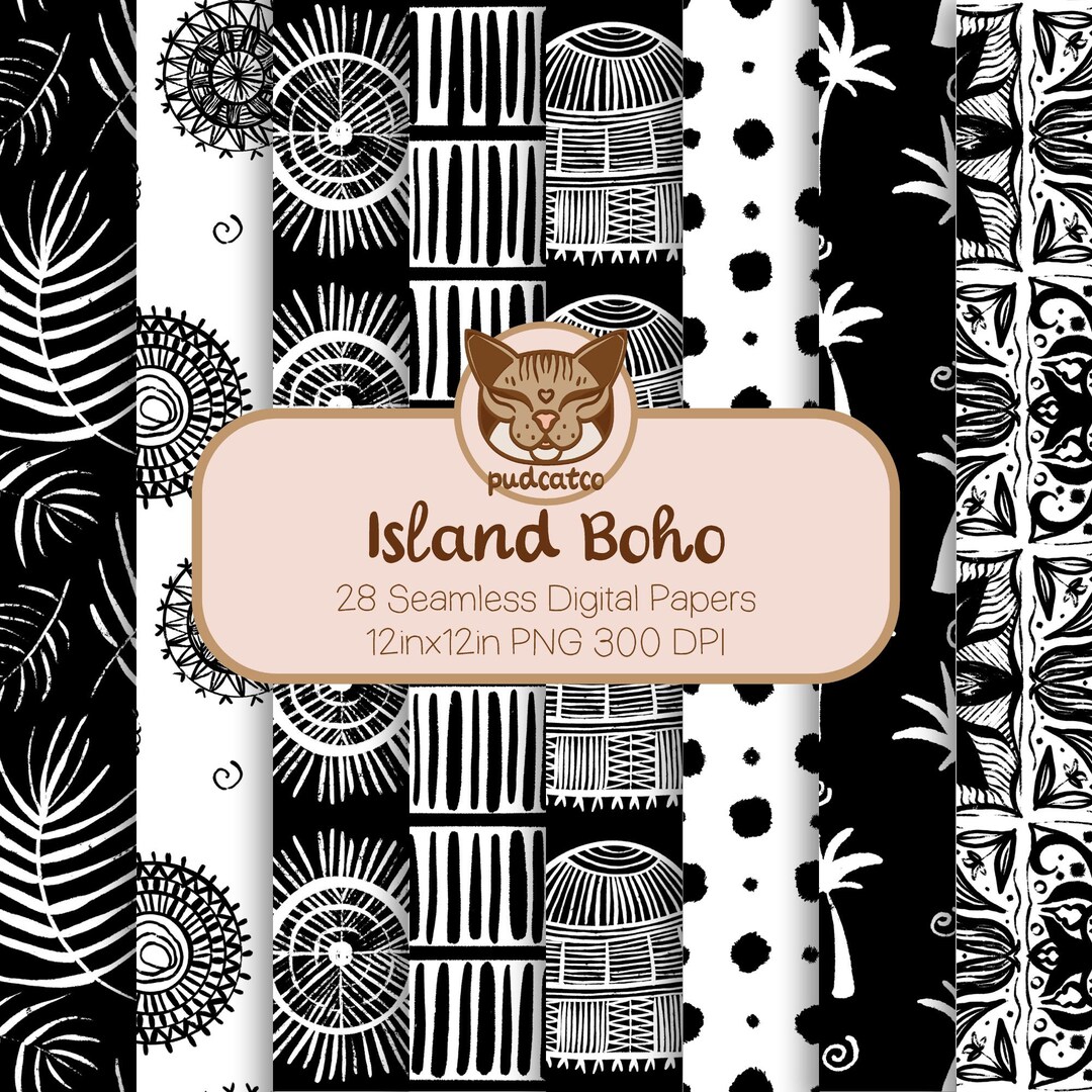 28 Hand-drawn Island Boho Designs, Black and White Seamless Digital ...