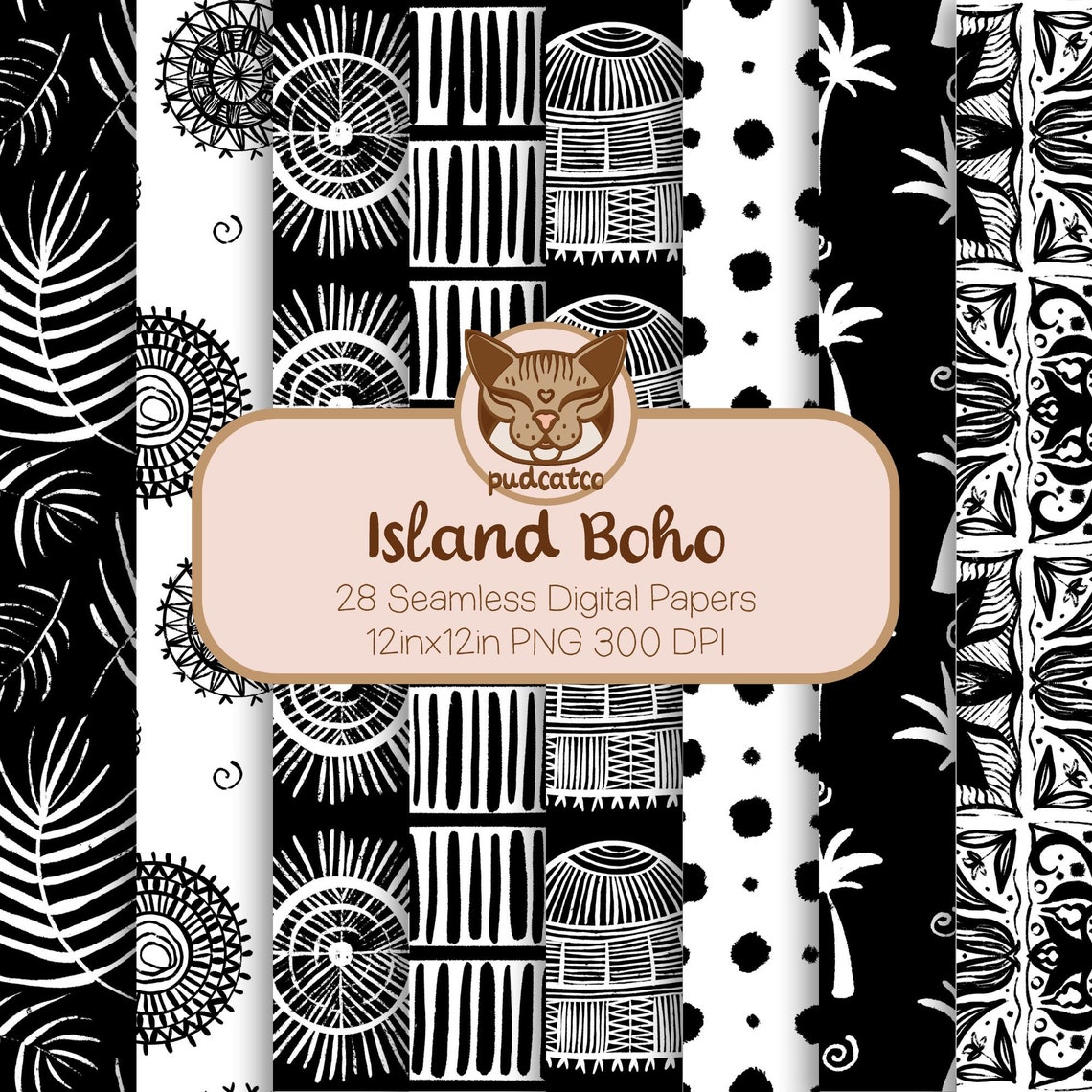 28 Hand-drawn Island Boho Designs, Black and White Seamless Digital ...