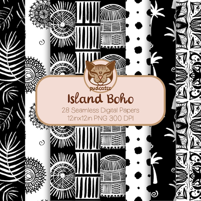 28 Hand-drawn Island Boho Designs, Black and White Seamless Digital ...