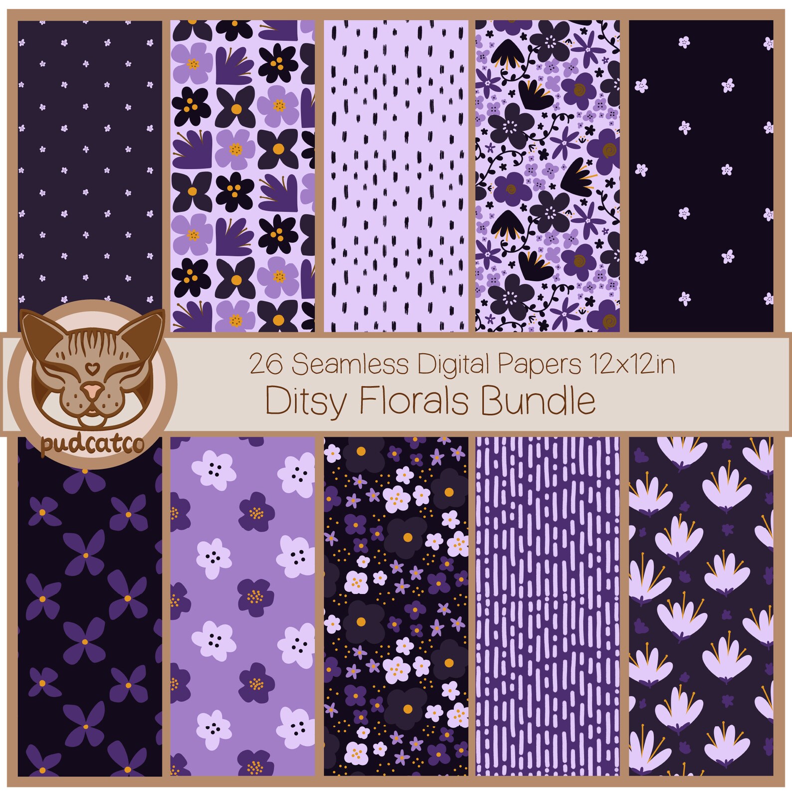 26 Modern Ditsy Floral Designs, Moody Black and Violet, Seamless ...