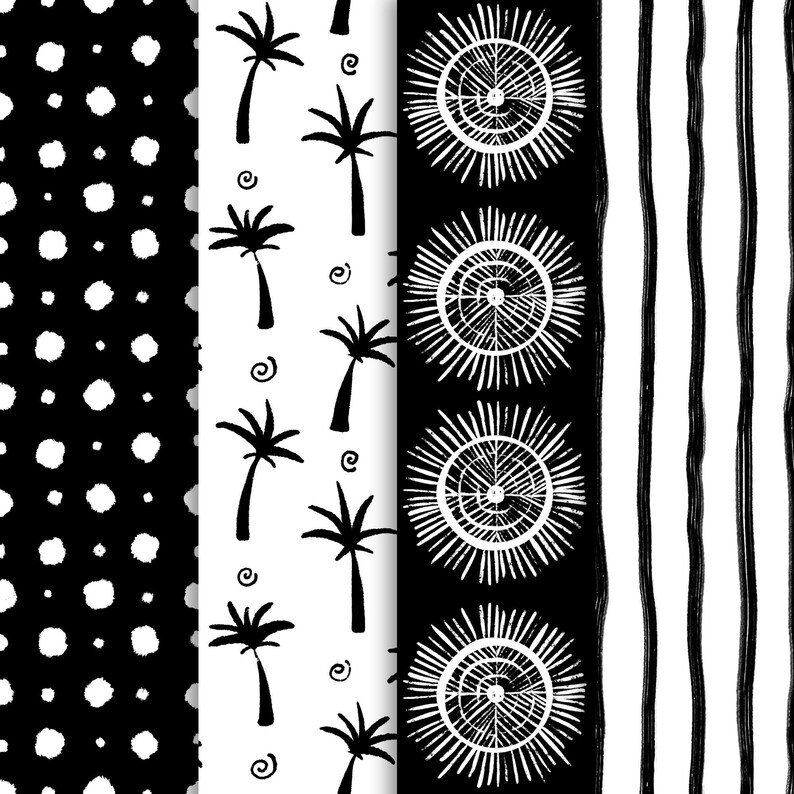 28 Hand-drawn Island Boho Designs, Black and White Seamless Digital ...