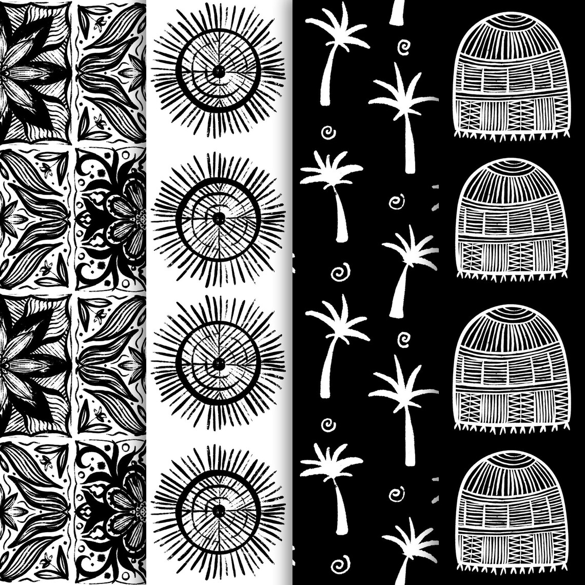 28 Hand-drawn Island Boho Designs, Black and White Seamless Digital ...