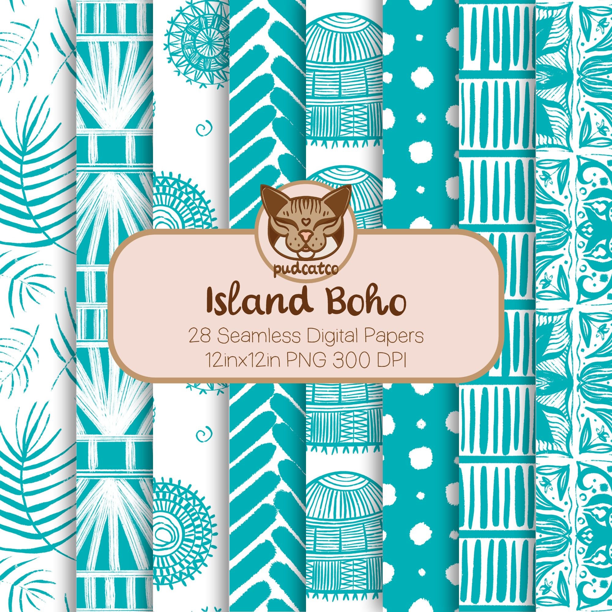 28 Hand-drawn Island Boho Designs, Ocean Blue and White Seamless ...