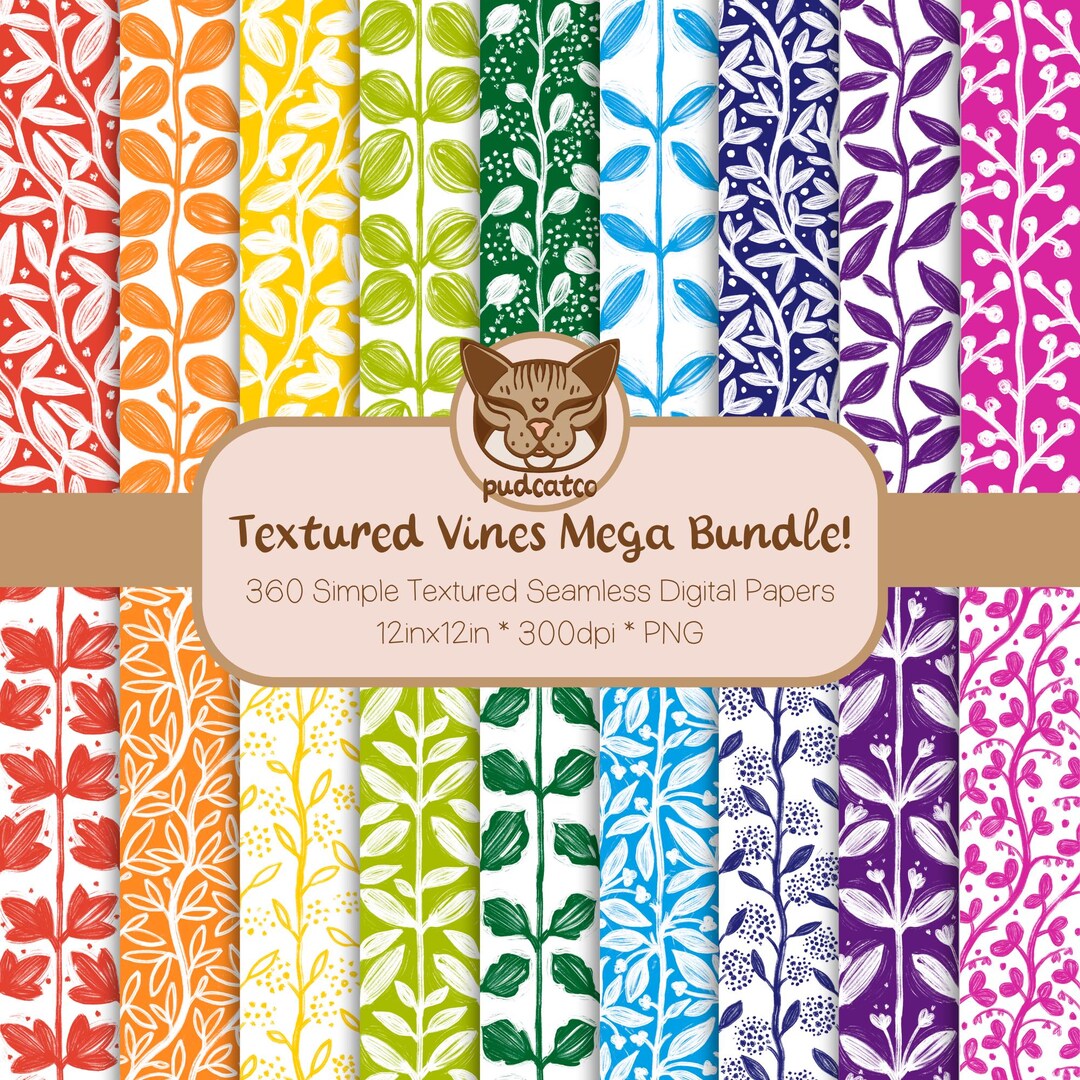Textured Vines Bright Rainbow Mega-bundle, 360 Printable Repeating ...