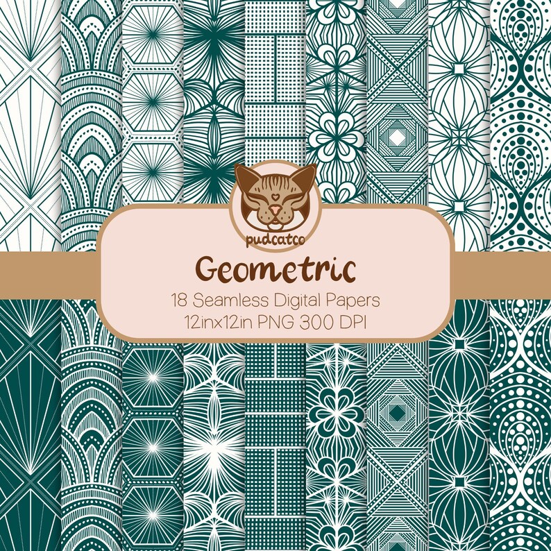 18 Hand-drawn Geometric Designs, Teal and White Seamless Digital Paper ...