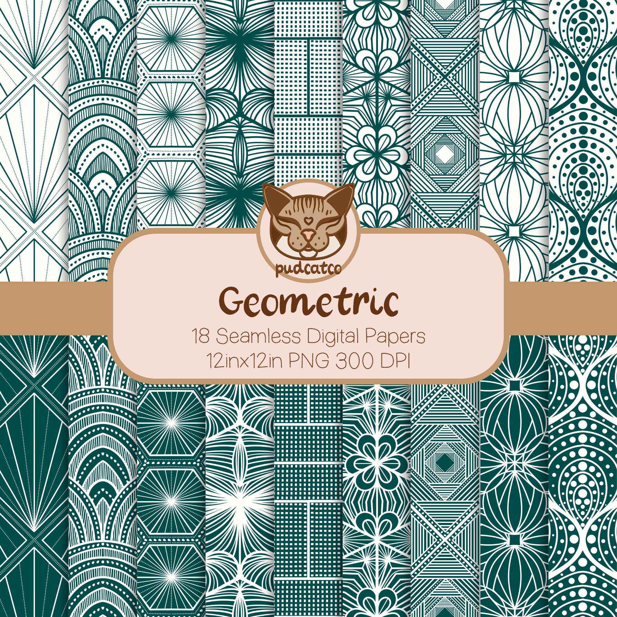 18 Hand-drawn Geometric Designs, Teal and White Seamless Digital Paper ...