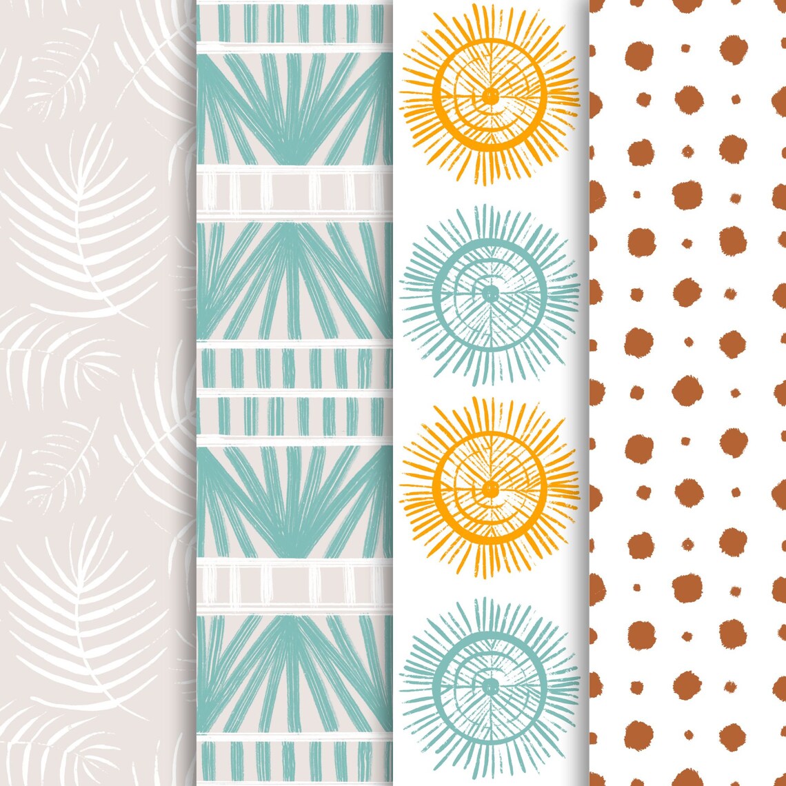 32 Hand-drawn Island Boho Designs, Earthy Sunset Tones, Seamless ...