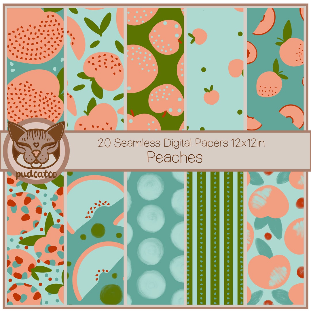 Peppermint Peaches, Seamless Digital Paper, Repeating Peach Patterns ...