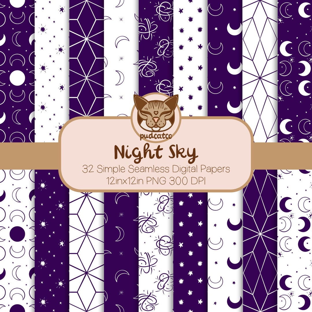 32 Indigo Digital Seamless Paper, Night Sky Repeating Pattern, Moon and ...