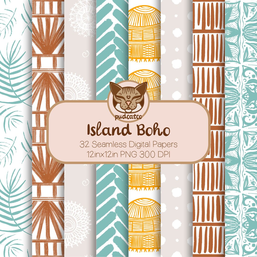 32 Hand-drawn Island Boho Designs, Earthy Sunset Tones, Seamless ...