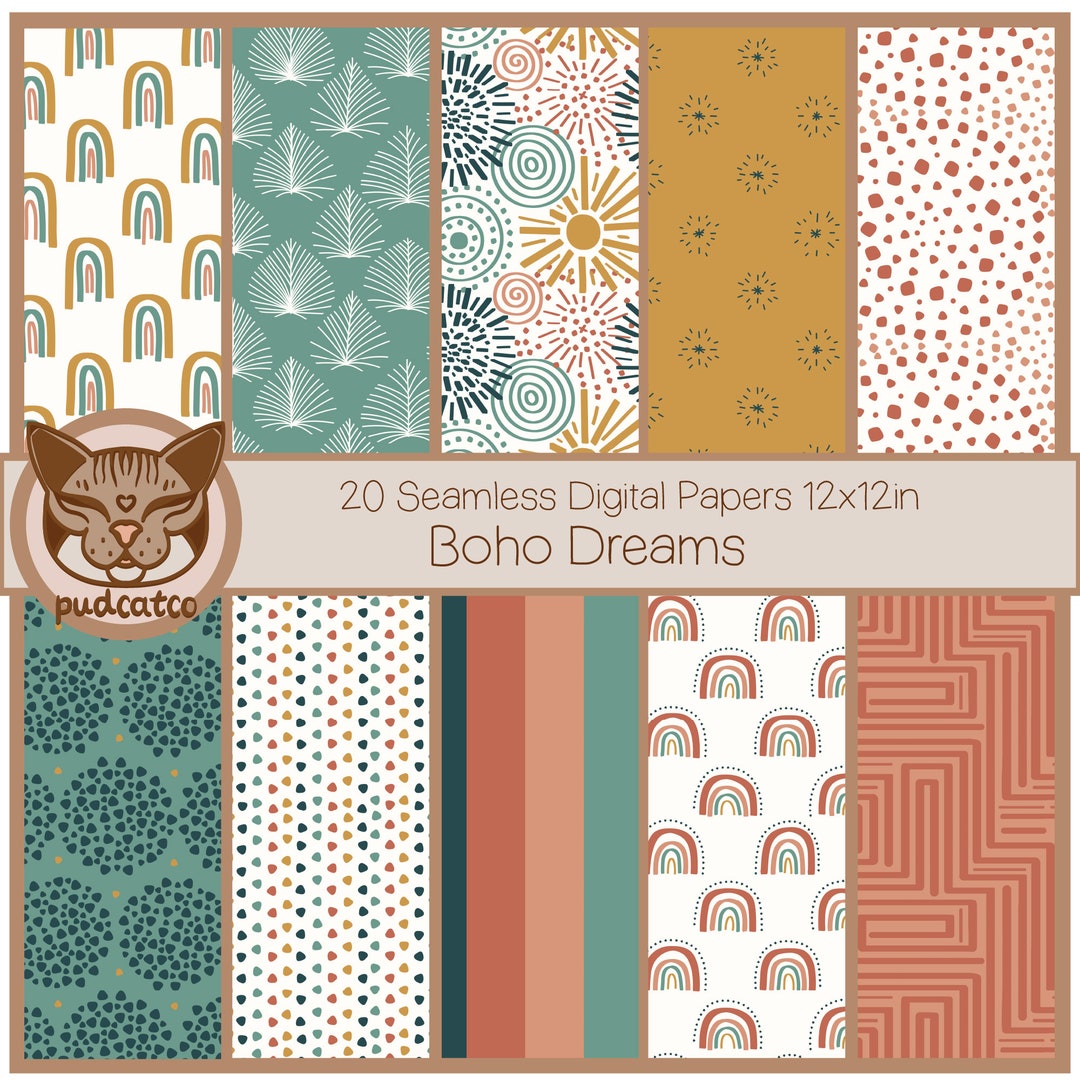 20 Hand-drawn Boho Inspired Designs, Teal and Peach Seamless Digital ...