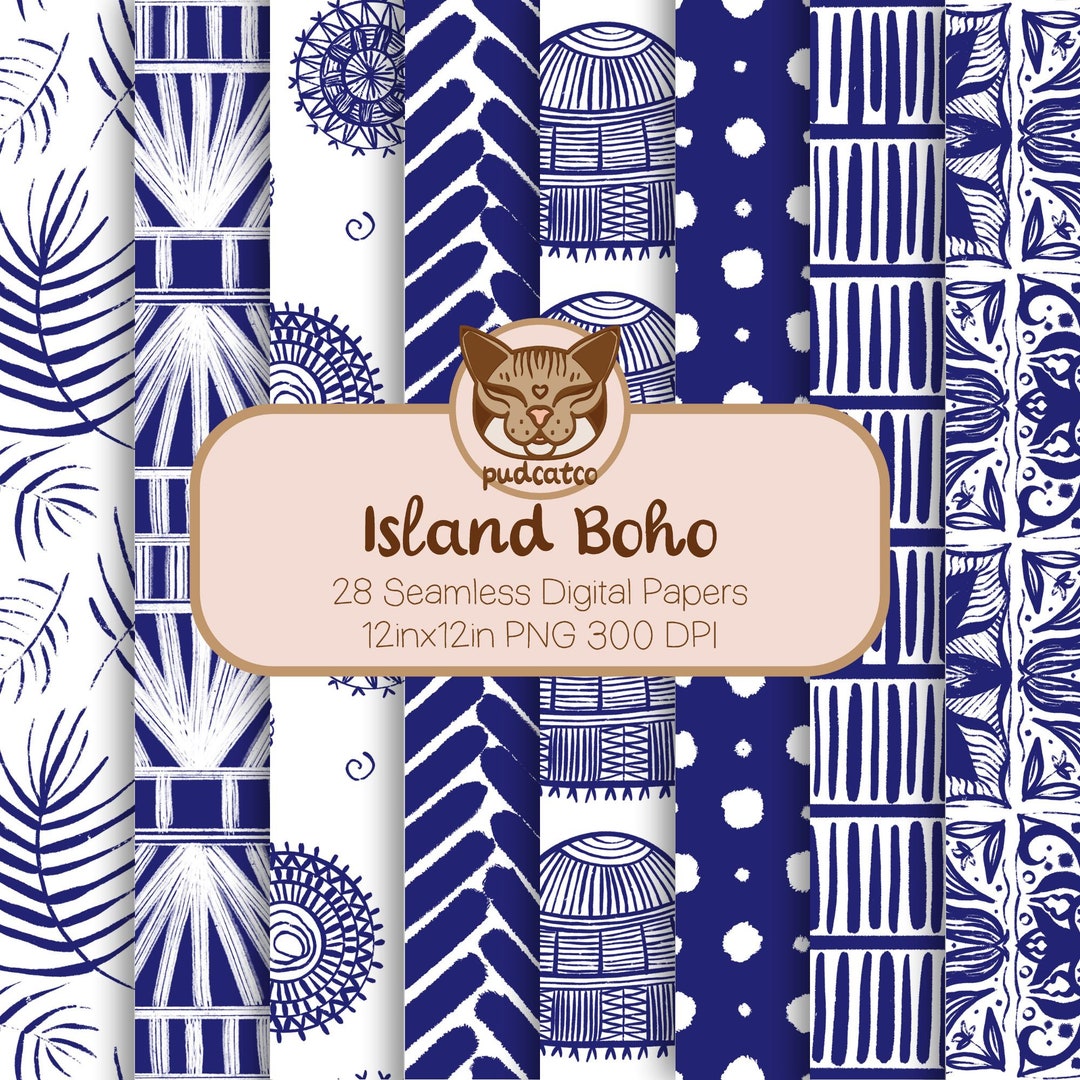 28 Hand-drawn Island Boho Designs, Navy Blue and White Seamless Digital ...