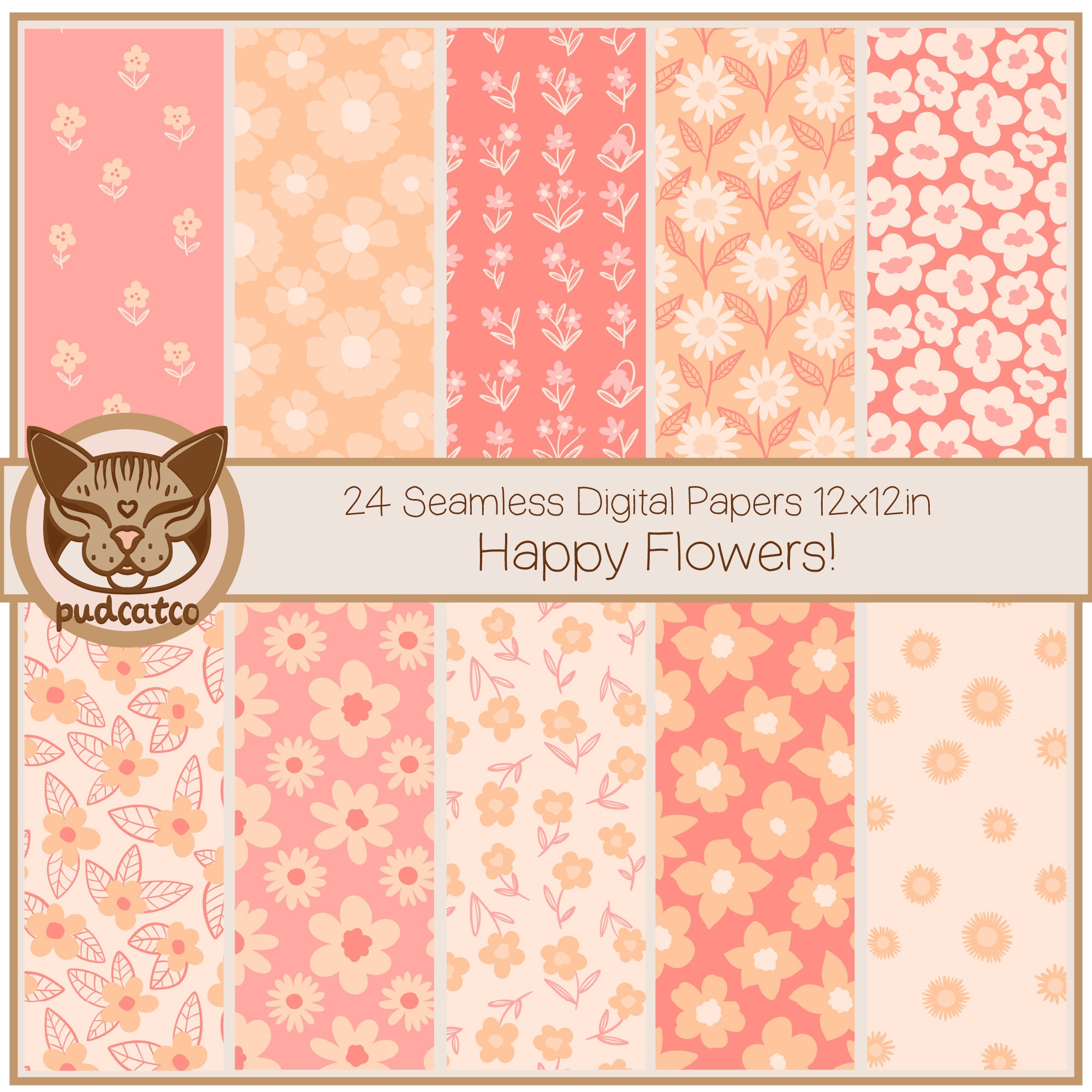 Cute Floral Digital Paper, Peachy Flower Repeating Seamless Pattern ...