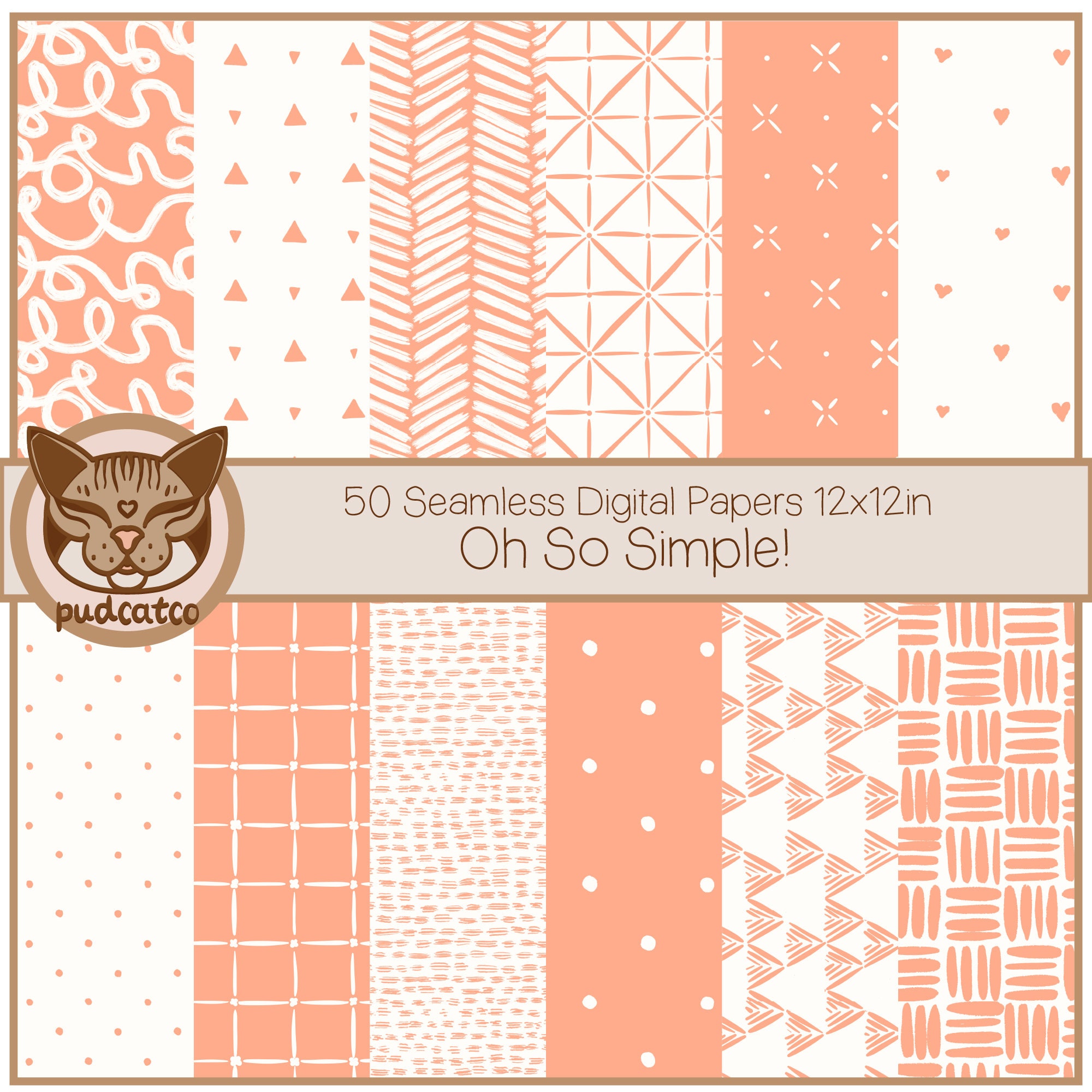 50 Seamless Digital Papers, Simple Peach and White Repeating Patterns ...
