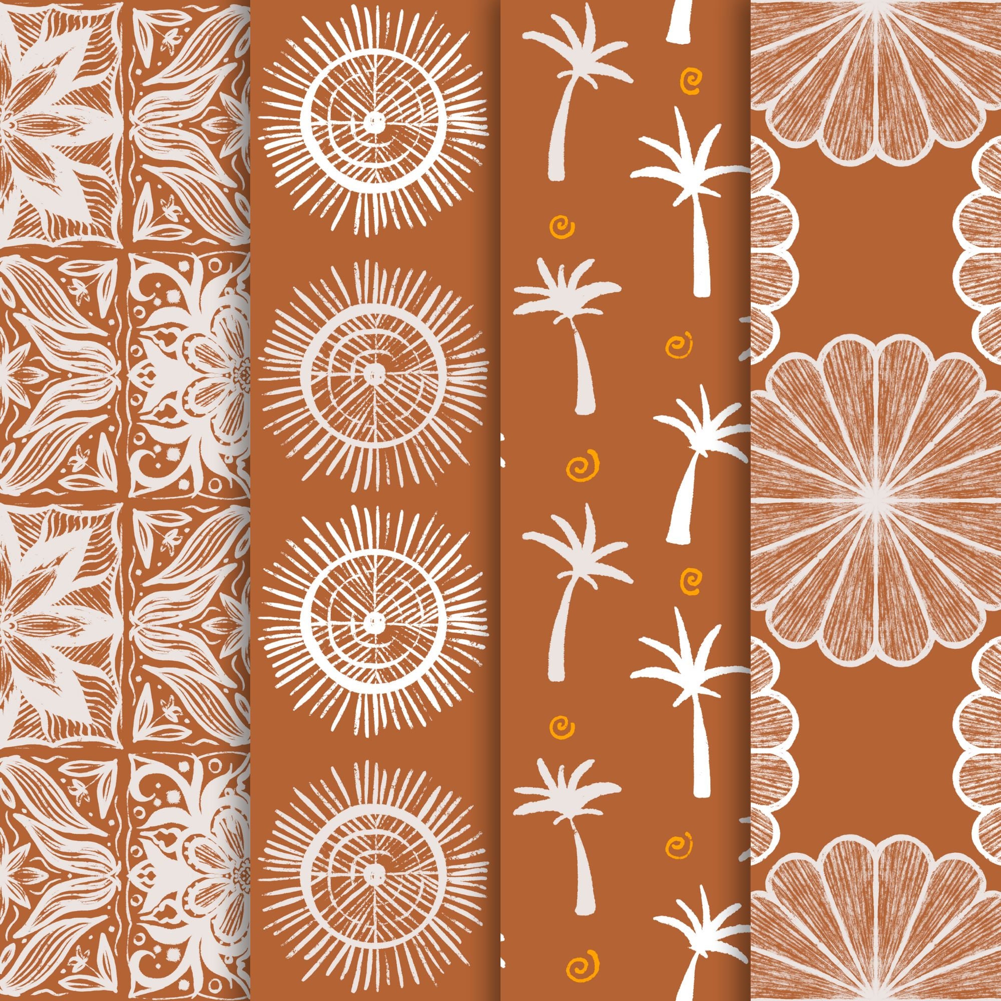 32 Hand-drawn Island Boho Designs, Earthy Sunset Tones, Seamless ...