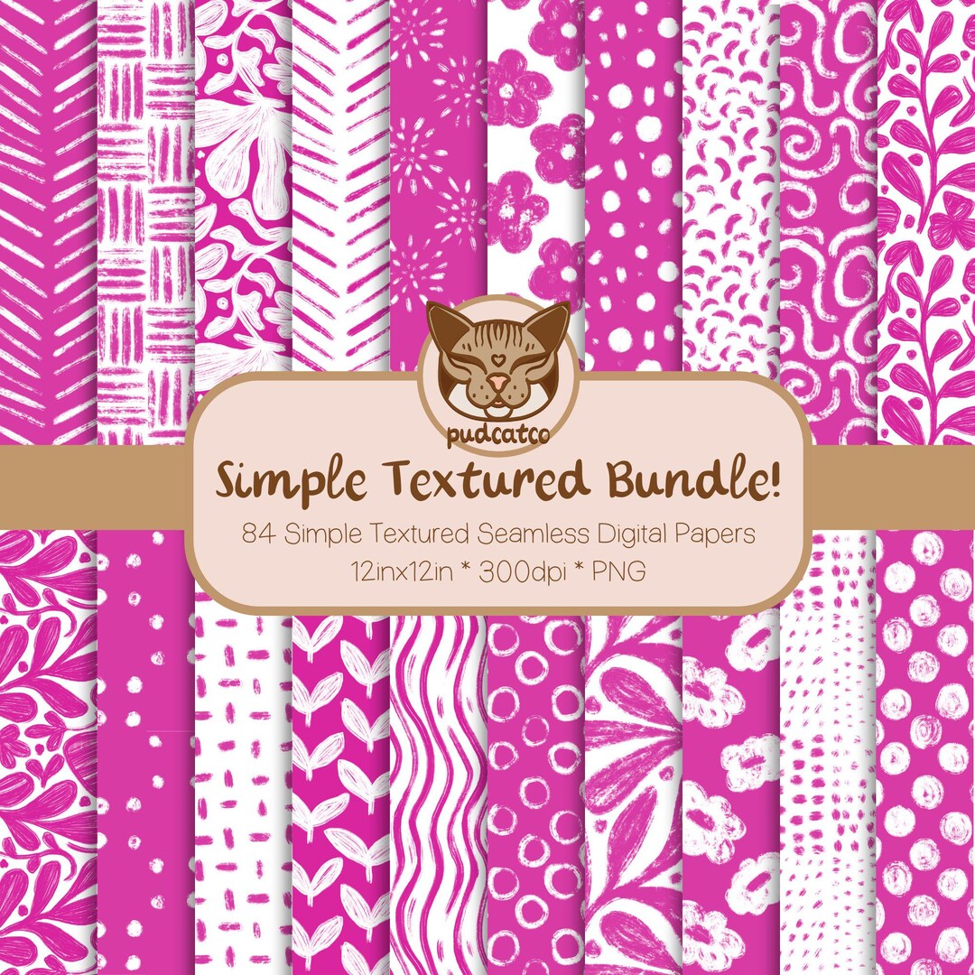 Simple Textured Digital Paper Bundle, 84 Printable Bright Pink and ...