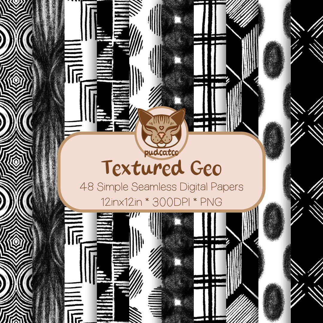 Textured Geometric Designs, 48 Seamless Digital Papers, Printable Black ...