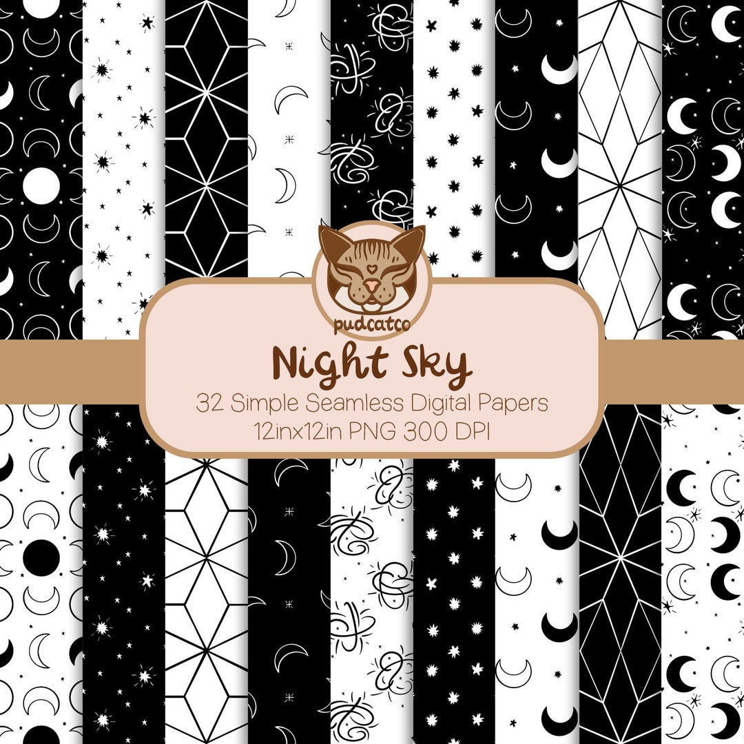 32 Black Digital Seamless Paper, Night Sky Repeating Pattern, Moon and ...