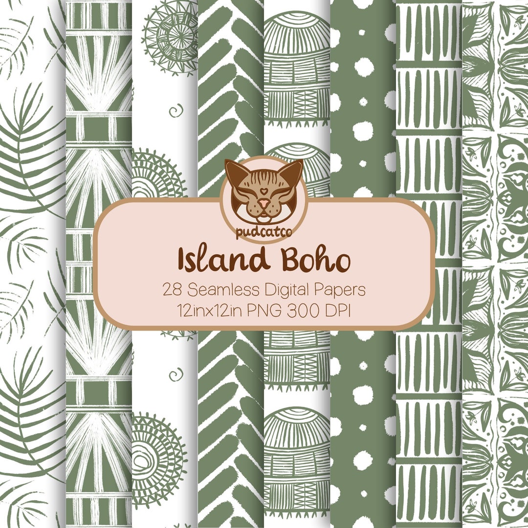 28 Hand-drawn Island Boho Designs, Sage and White Seamless Digital ...