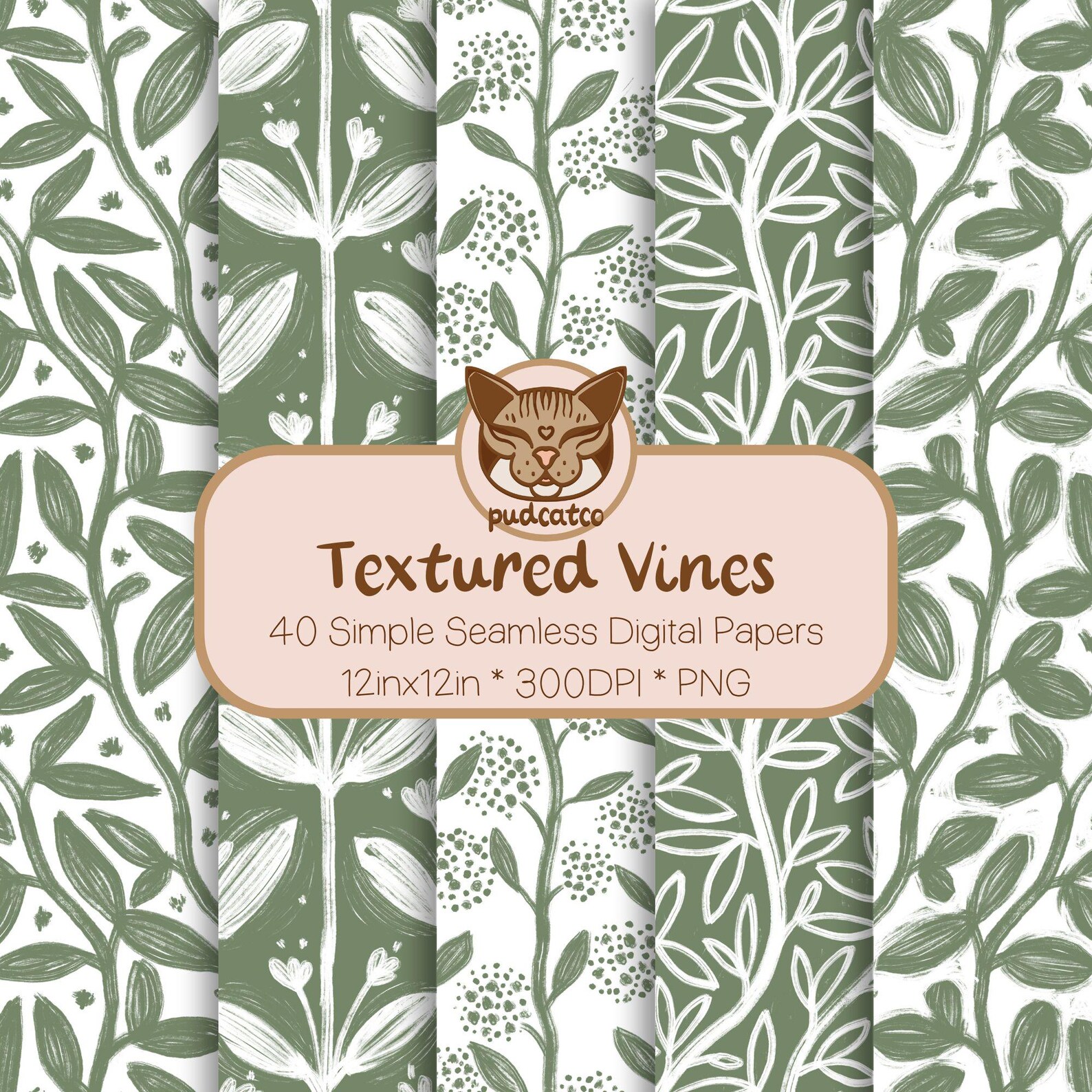 Pretty Textured Vine Designs, 40 Seamless Digital Papers, Printable ...