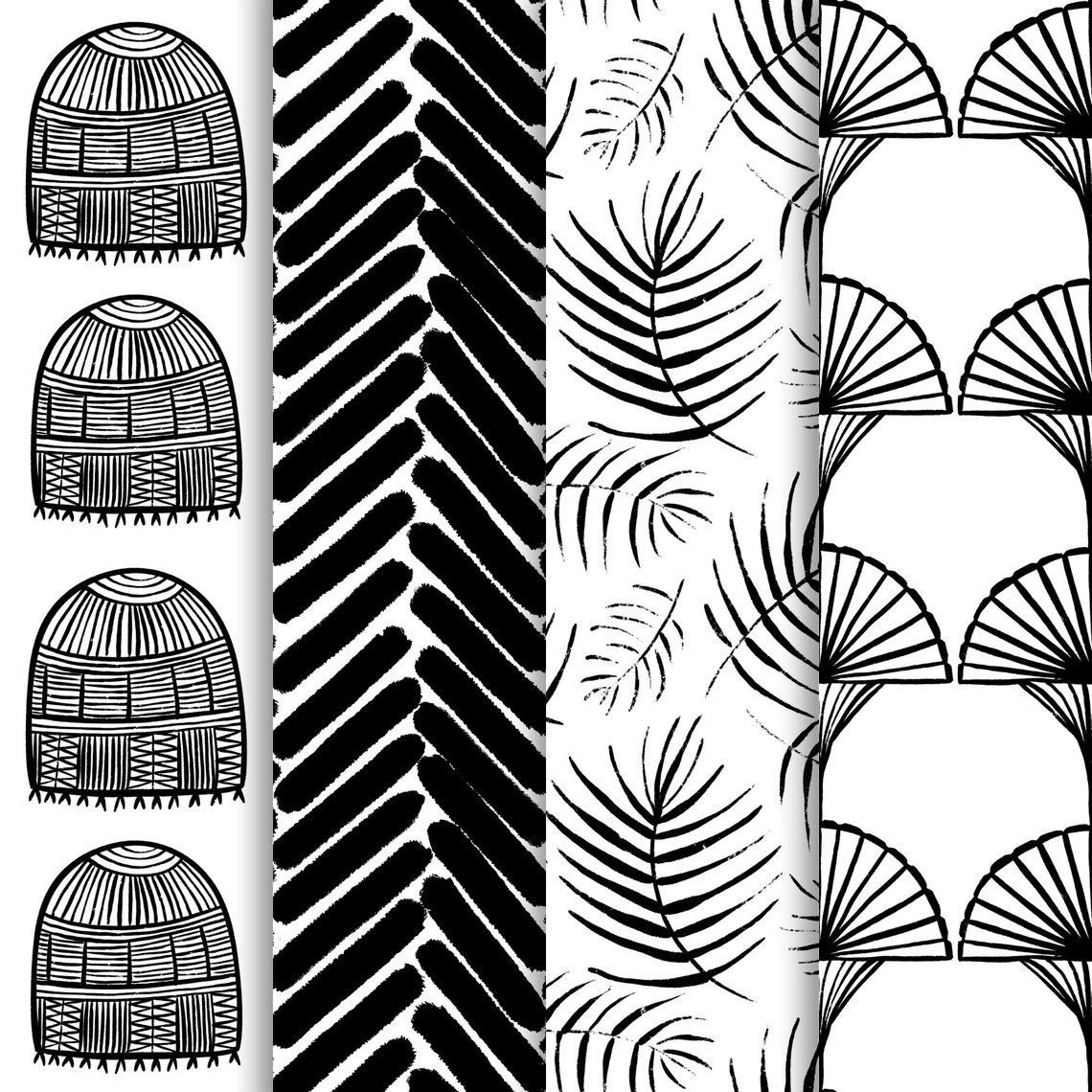 28 Hand-drawn Island Boho Designs, Black and White Seamless Digital ...