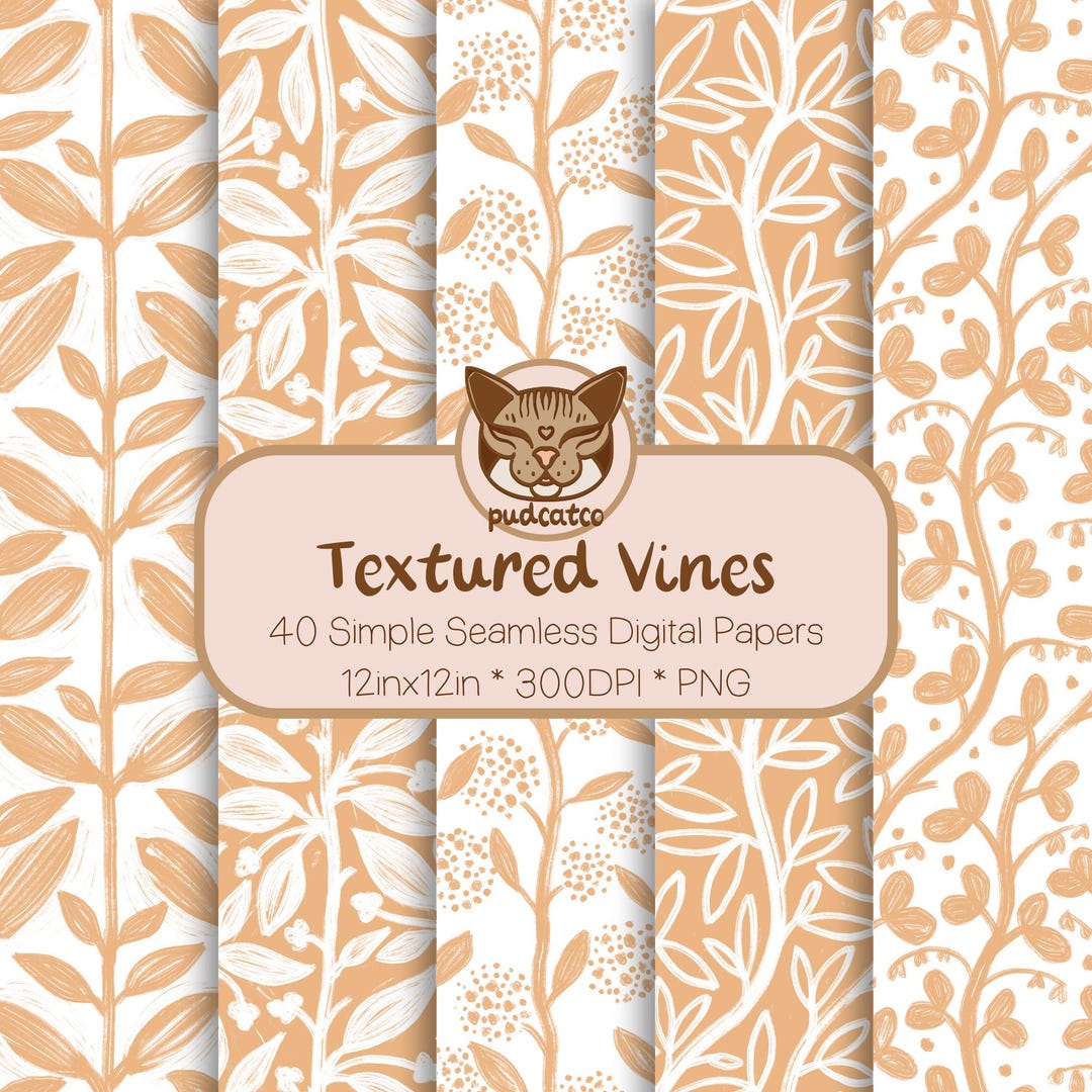 Pretty Textured Vine Designs, 40 Seamless Digital Papers, Printable ...