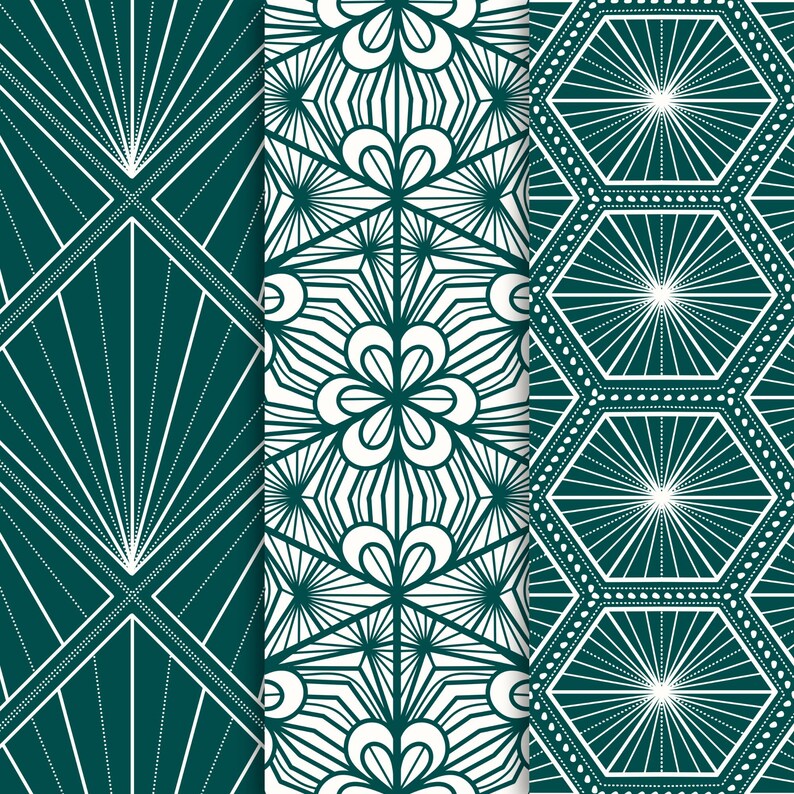 18 Hand-drawn Geometric Designs, Teal and White Seamless Digital Paper ...