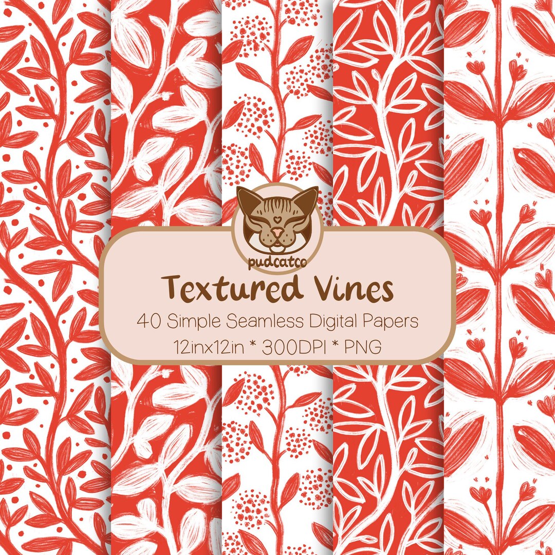 Pretty Textured Vine Designs, 40 Seamless Digital Papers, Printable ...