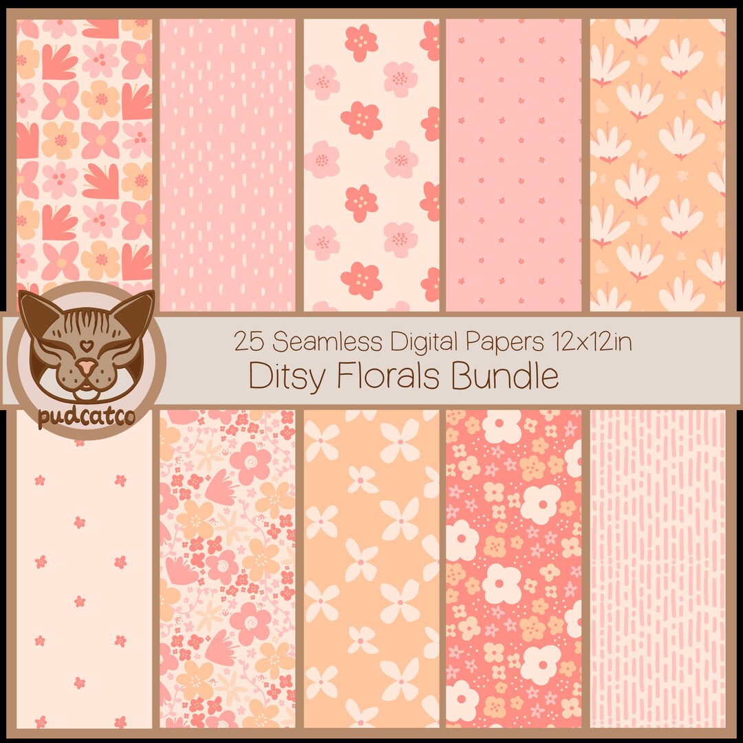 25 Modern Ditsy Floral Designs, Peach Palette, Seamless Digital Paper ...