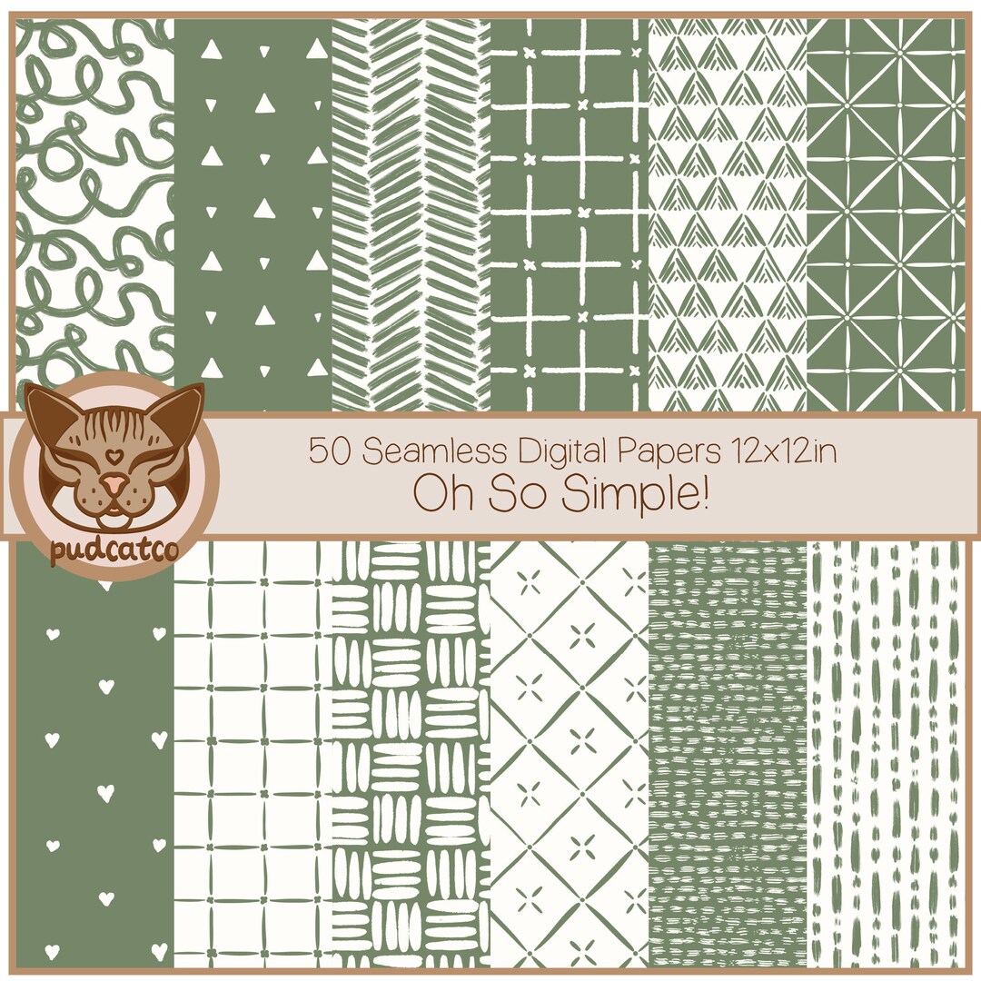 50 Seamless Digital Papers, Simple Sage and White Repeating Patterns ...