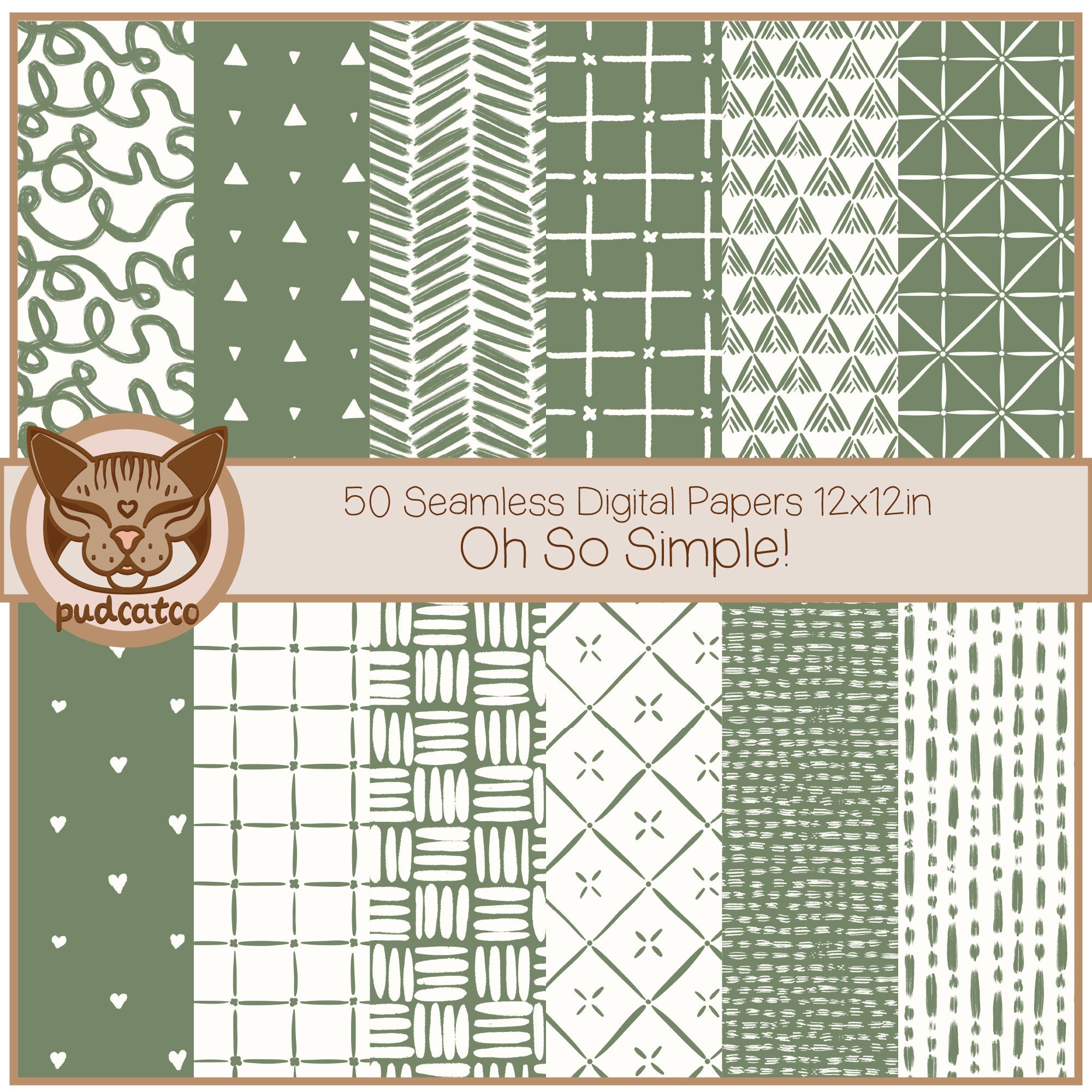 50 Seamless Digital Papers, Simple Sage and White Repeating Patterns ...