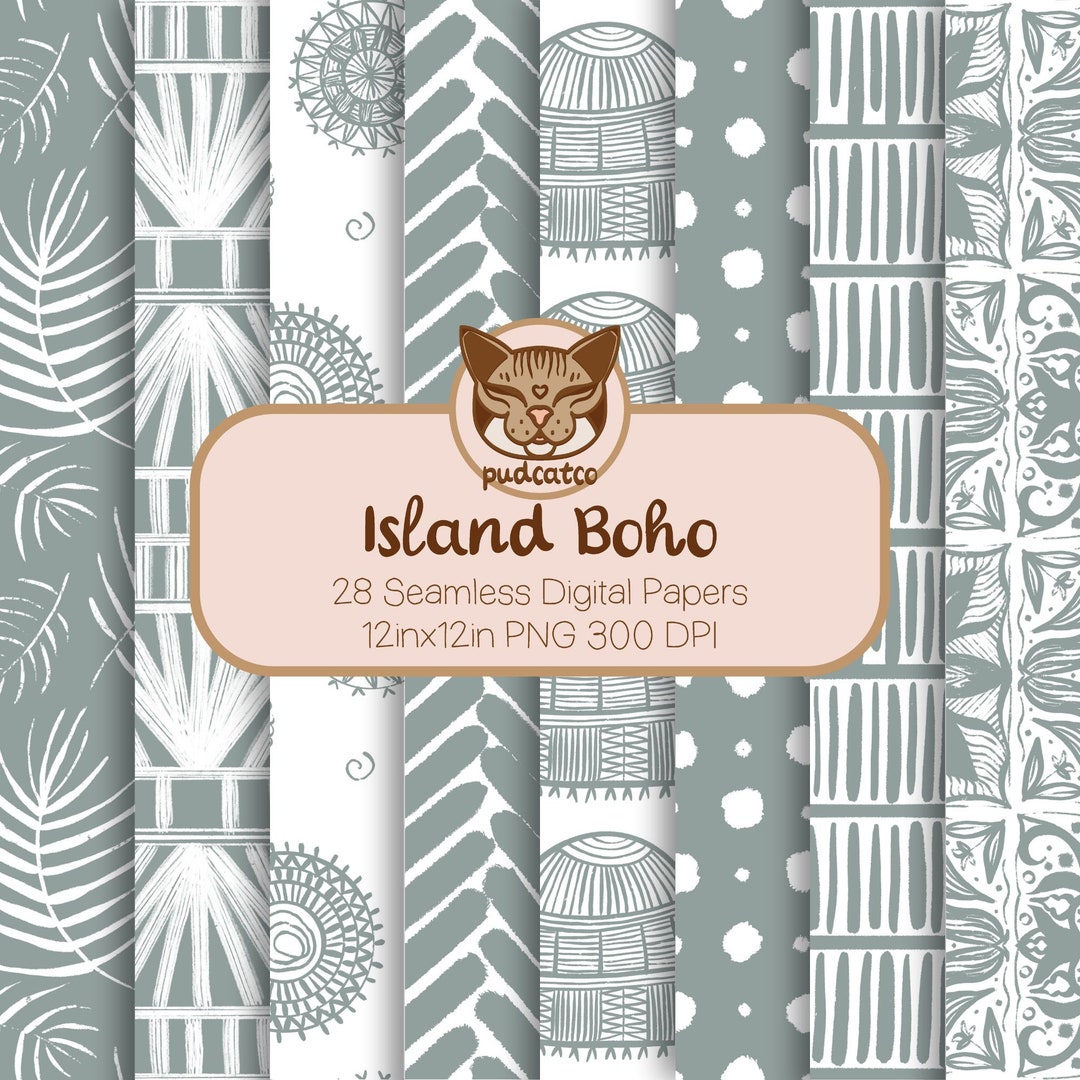 28 Hand-drawn Island Boho Designs, Grey and White Seamless Digital ...