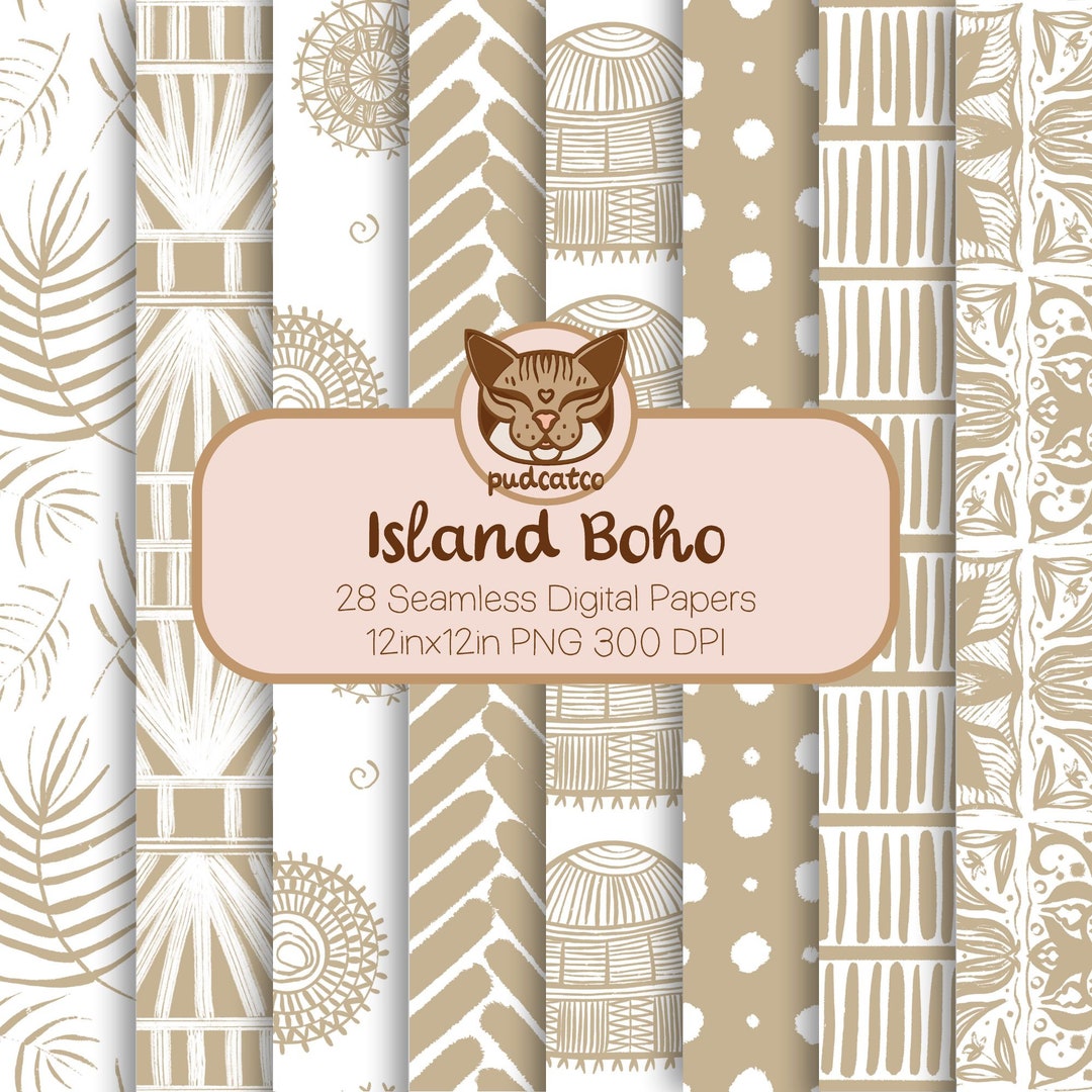 28 Hand-drawn Island Boho Designs, Sand Beige and White Seamless ...