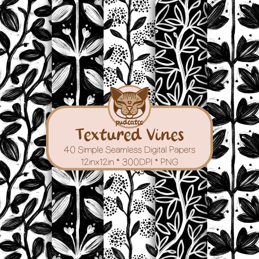 Pretty Textured Vine Designs, 40 Seamless Digital Papers, Printable ...