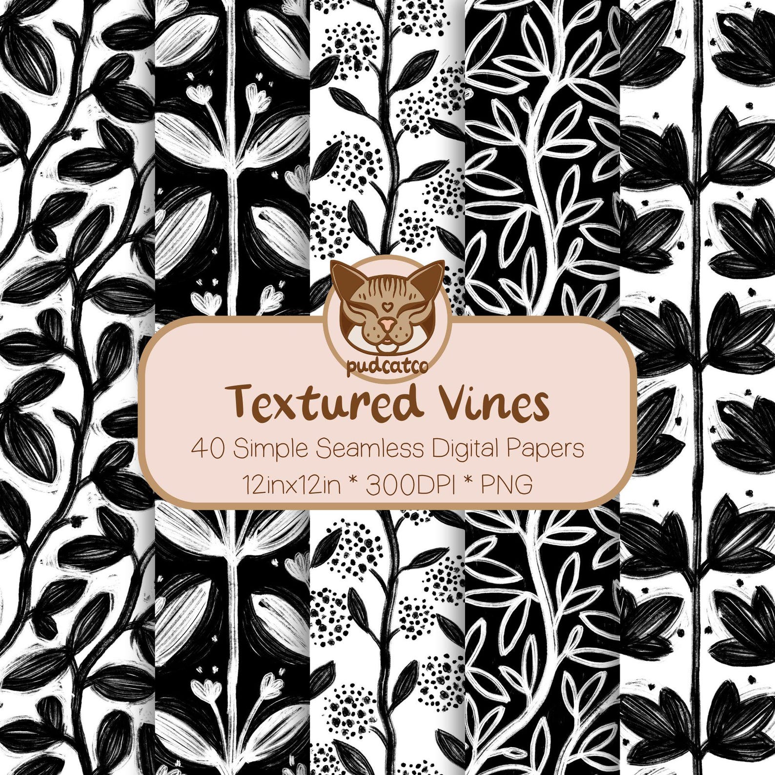 Pretty Textured Vine Designs, 40 Seamless Digital Papers, Printable ...