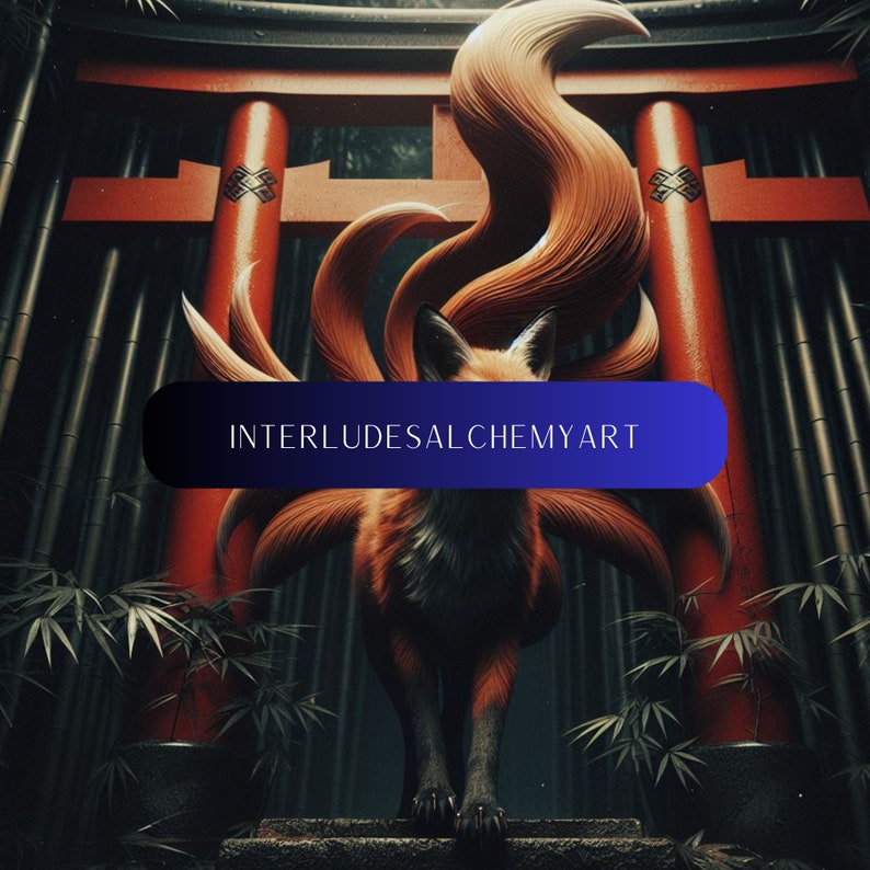 Japanese Mythology Art Kitsune Print Nine Tailed Fox Dark Fantasy Digital Art Set Dark