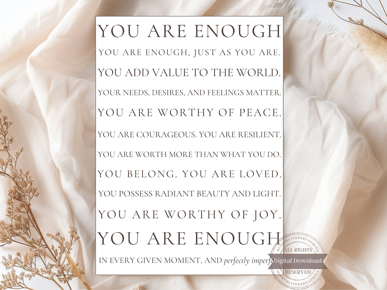 You Are Enough Printable Positive Affirmation Poster Modern Home Decor ...