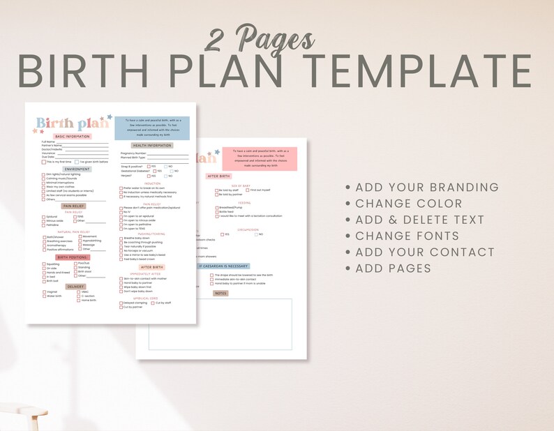 Editable Birth Plan Template Printable Labor Preferences Checklist ...