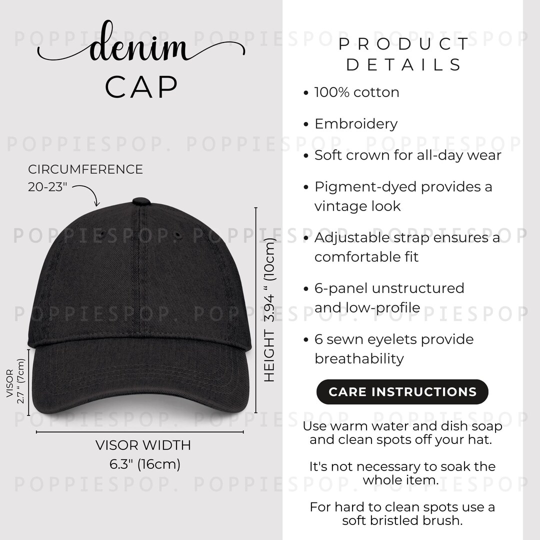 Black Denim Cap Size Chart, Vintage Hat Size Guide, Embroidered Cap ...