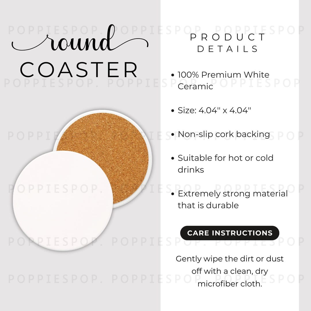 Ceramic Coaster Mockup, Round Coaster Mockup, Cork Coaster Care Card ...