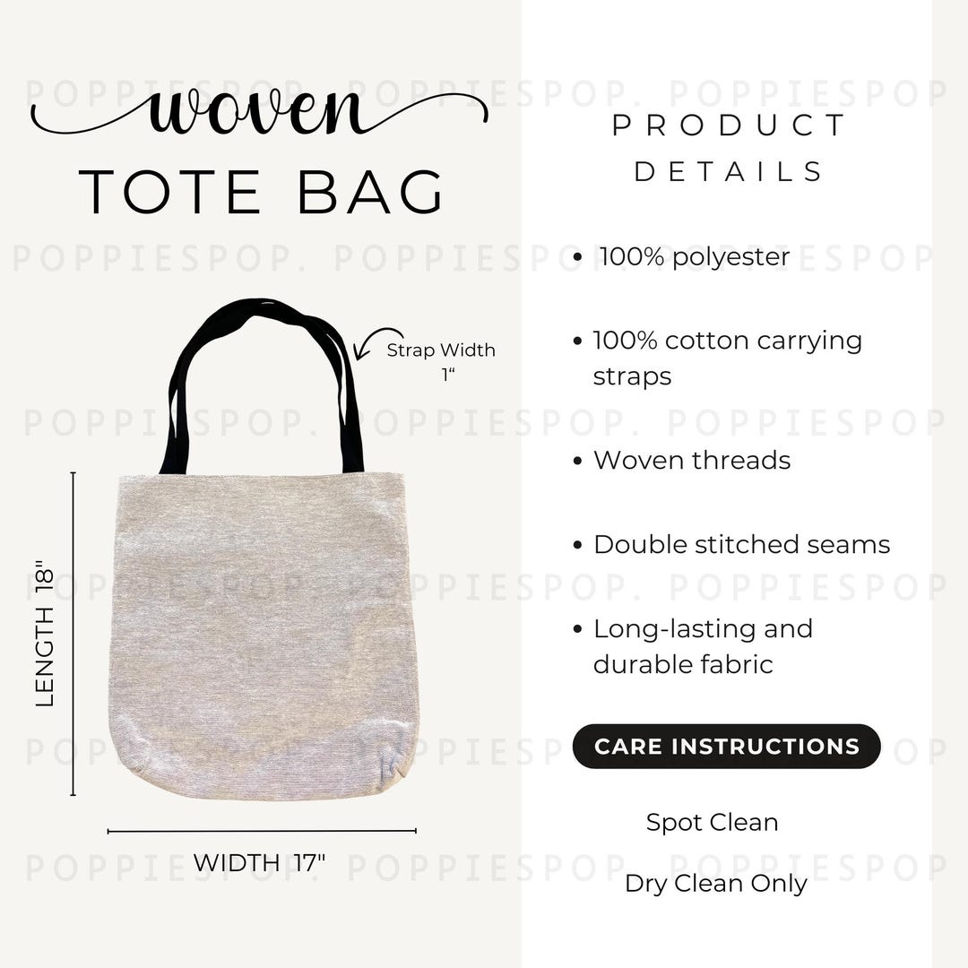 Woven Tote Bag Size Chart, Woven Tote Bag Mockup, Woven Tote Bag Care ...
