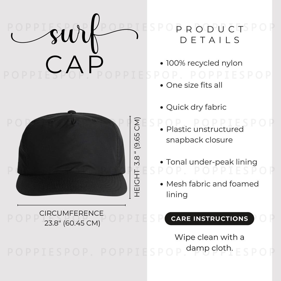 Black Surf Cap Size Chart, Surf Hat Care Card, Surf Cap Mockup, Beach ...