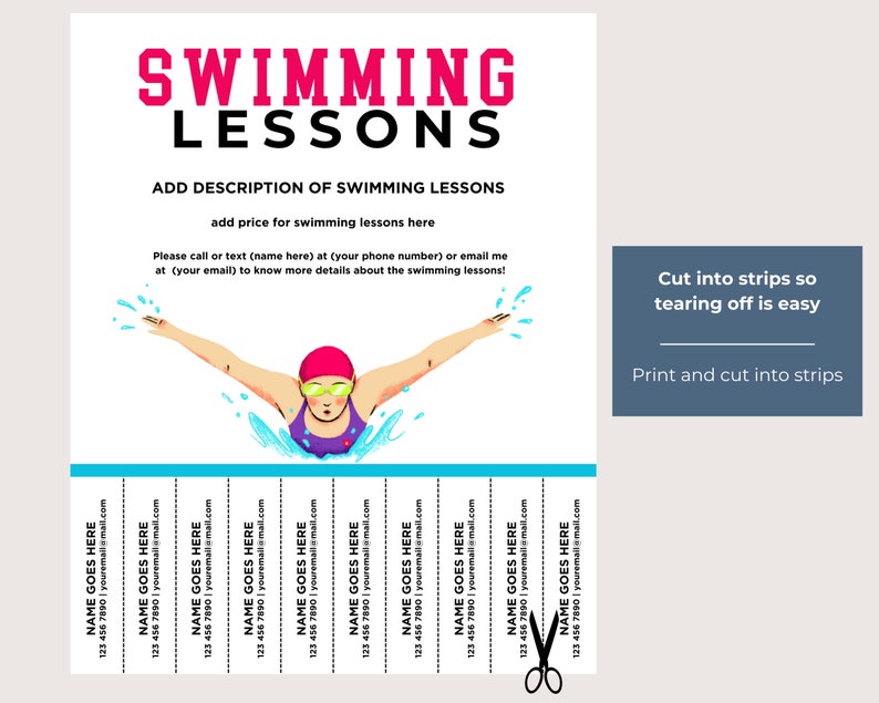 Editable Swimming Lessons Tear off Flyer, Printable Swim Lessons Flyer ...