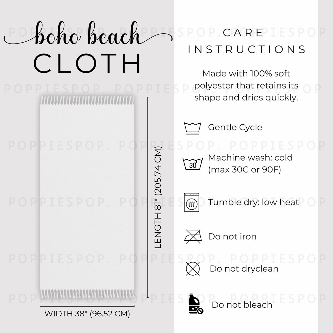 Boho Beach Cloth Size Chart, Beach Towel Care Card, Beach Cloth Care ...