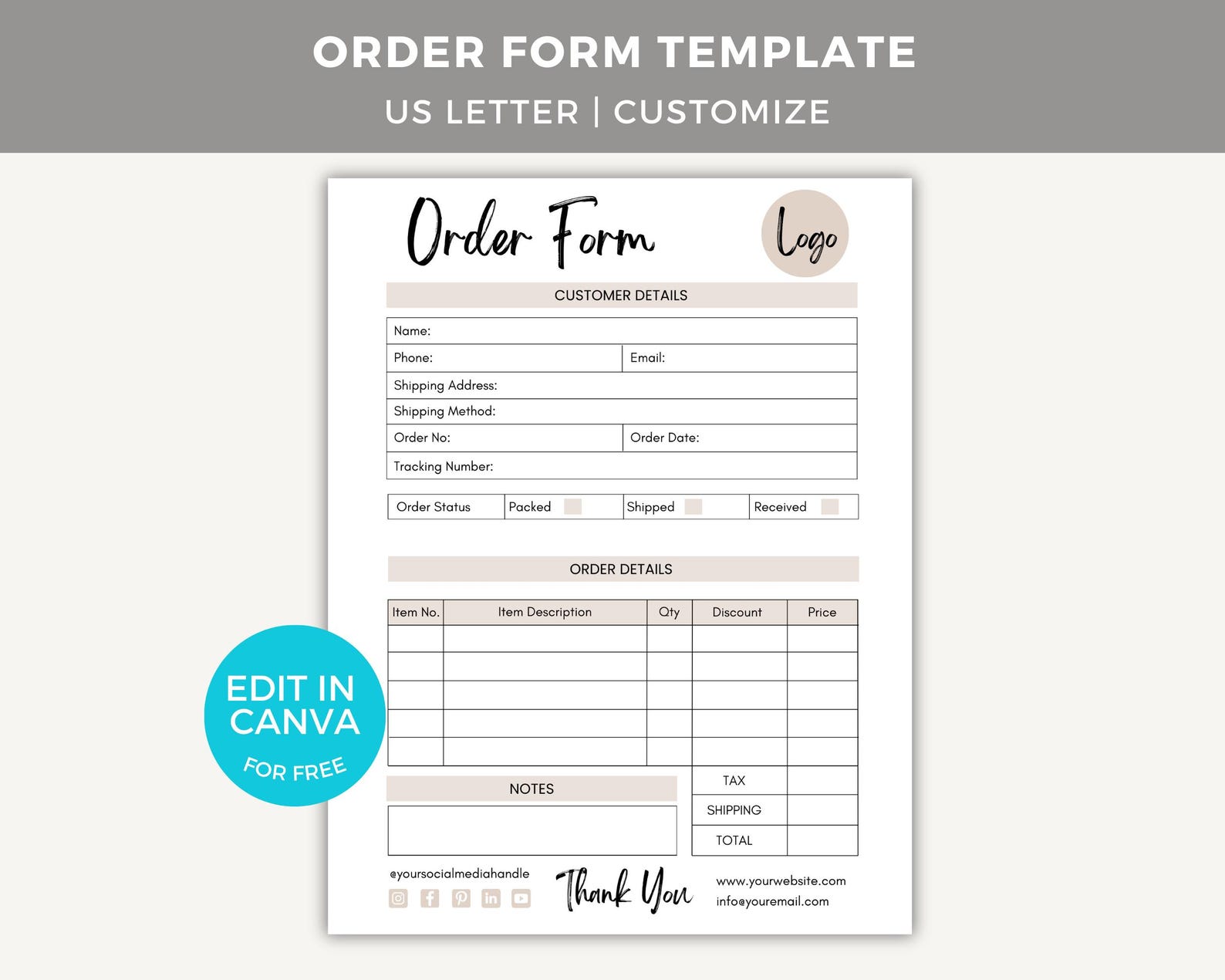 Editable Order Form Template, Business Order Form, Customer Order Form ...
