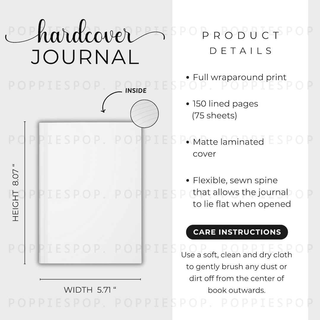 Hardcover Journal Size Chart, Hardcover Journal Care Card, Printify ...